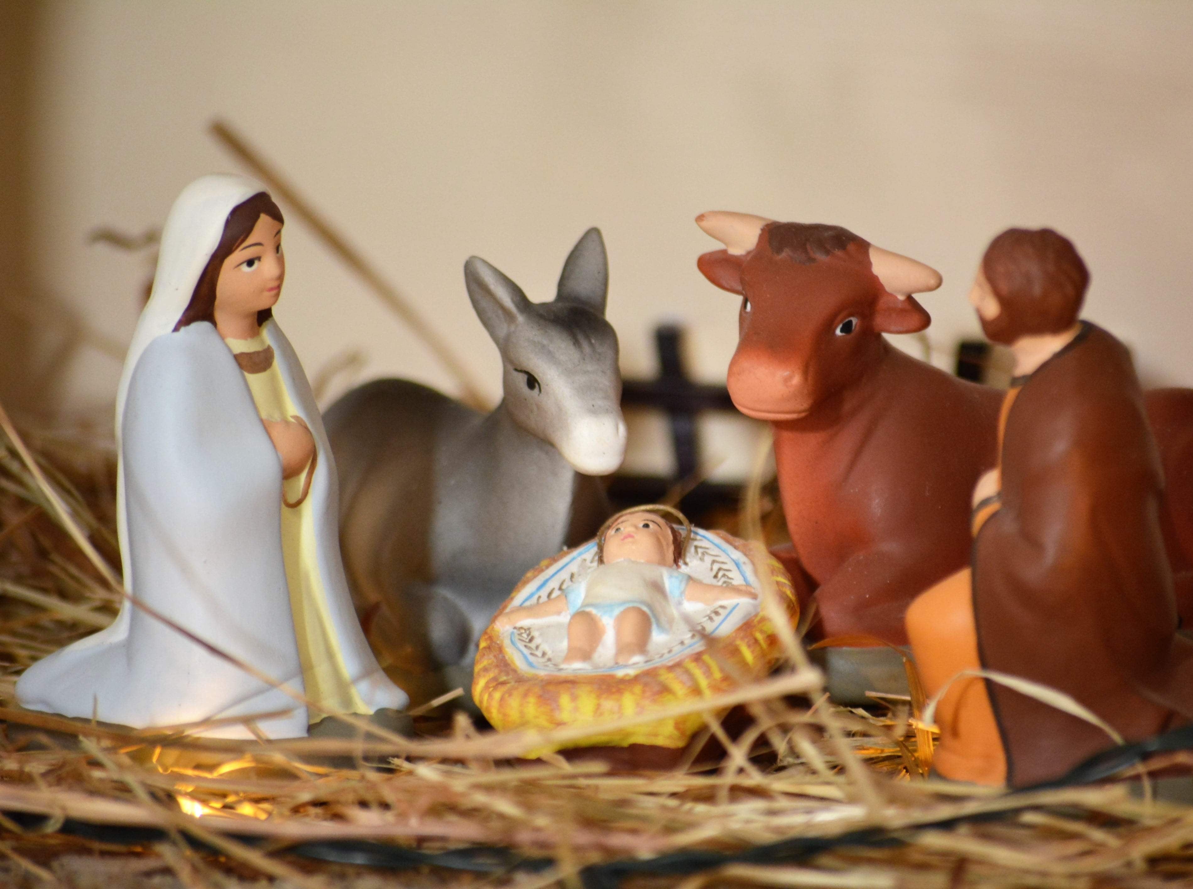 Nativity set with ox, donkey, angel, wise men